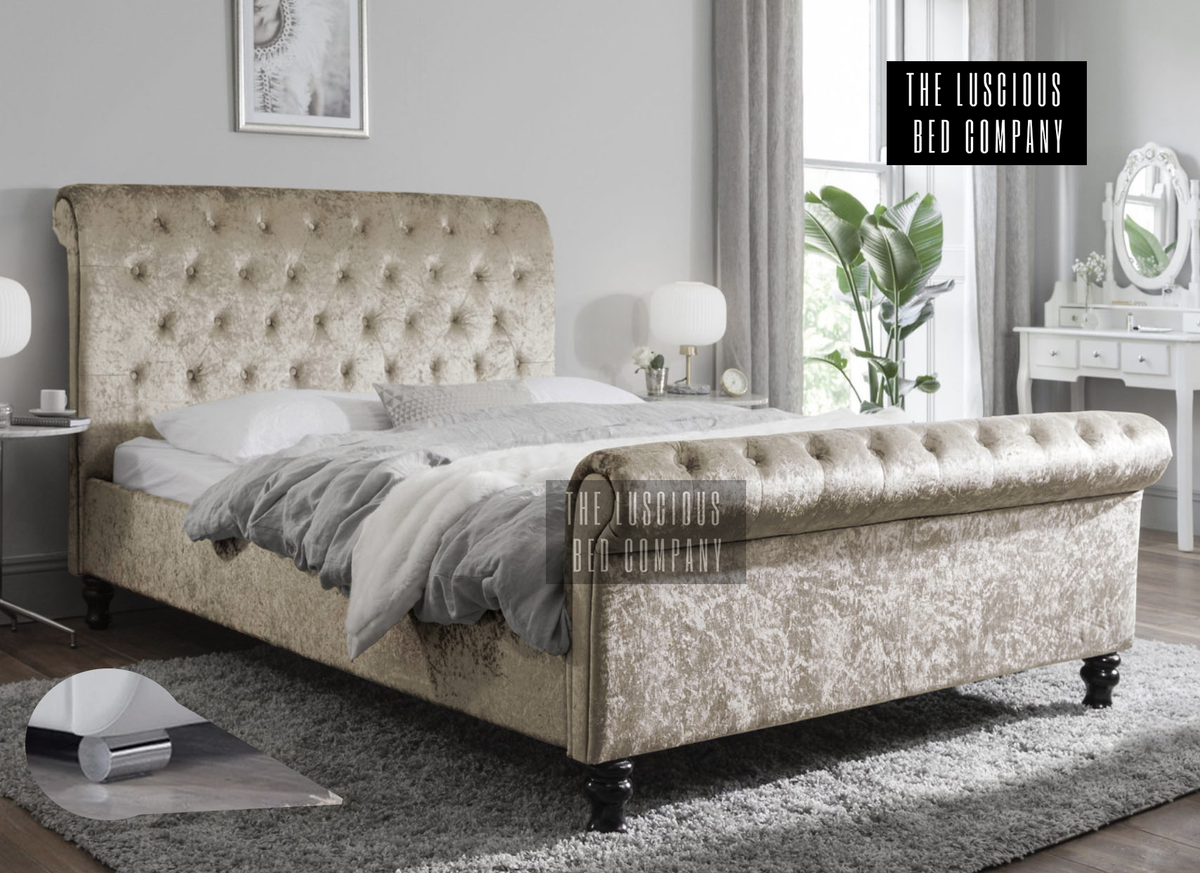 Kingston Chesterfield Sleigh Bed Frame in Crushed Velvet Plush Velvet Chenille Linoso and Naples